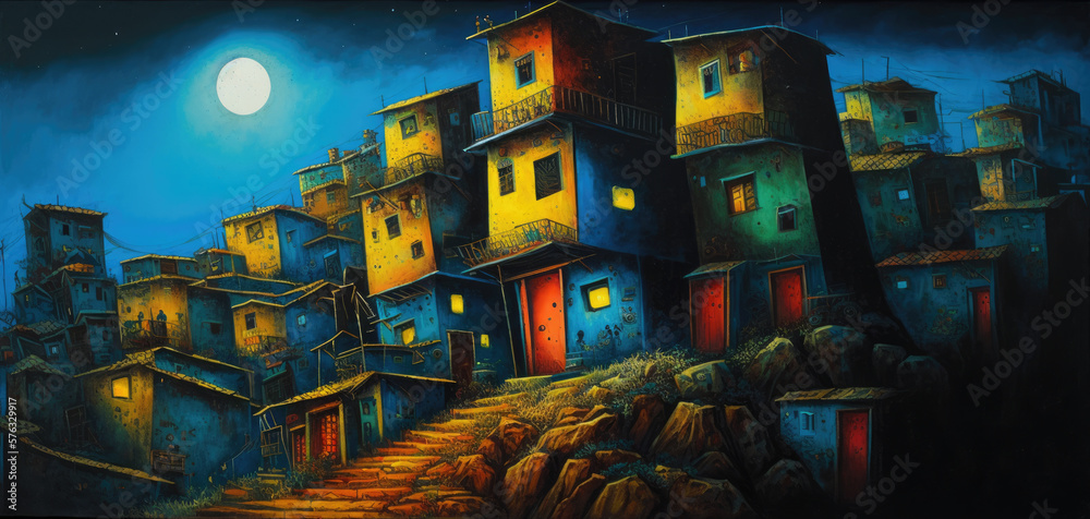 Colorfully painted shanty town shacks and haphazardly built settlement ...