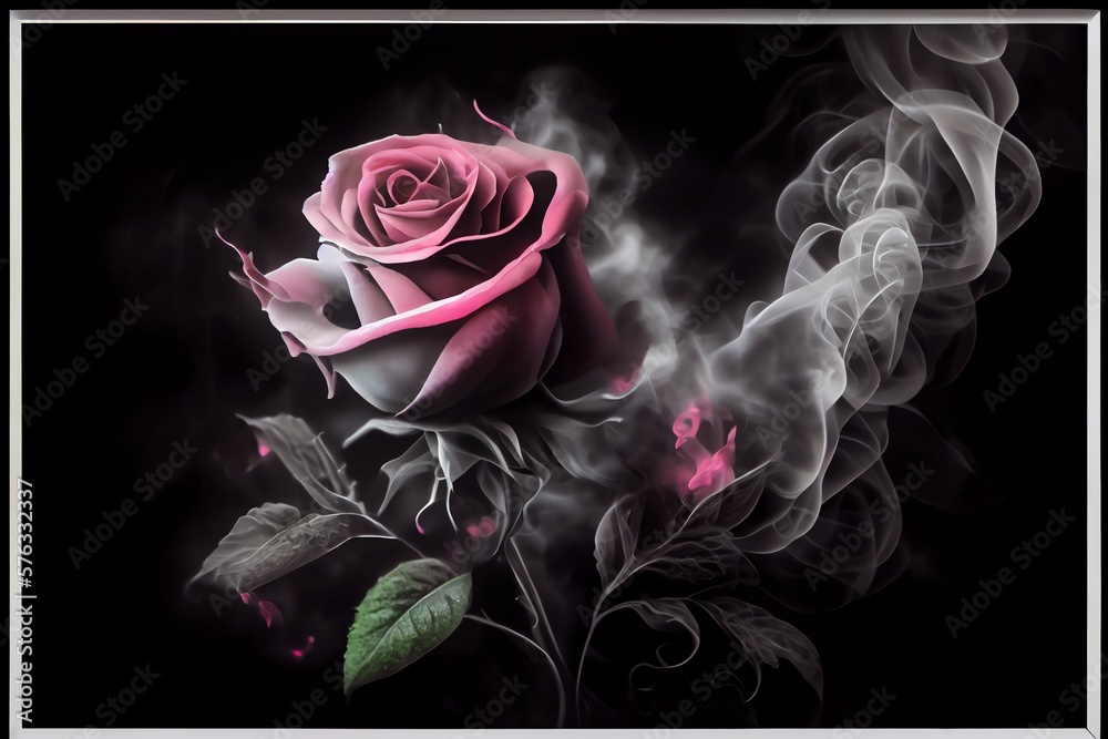 A Pink Rose With Smoke Coming Out Of It On A Black Background With A ...