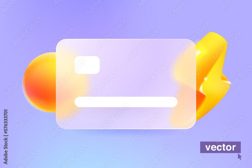 Glassmorphism credit card with lightning icon and sphere. Transparent ...