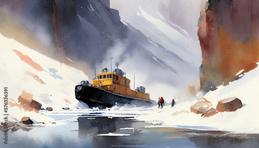 Ice breaker ship in glacial, watercolor painting style created with ...