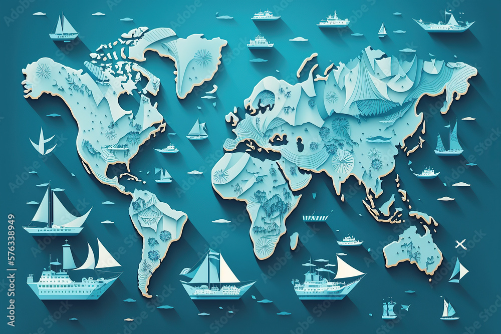 Maritime world map with continents, created with Generative AI Stock ...