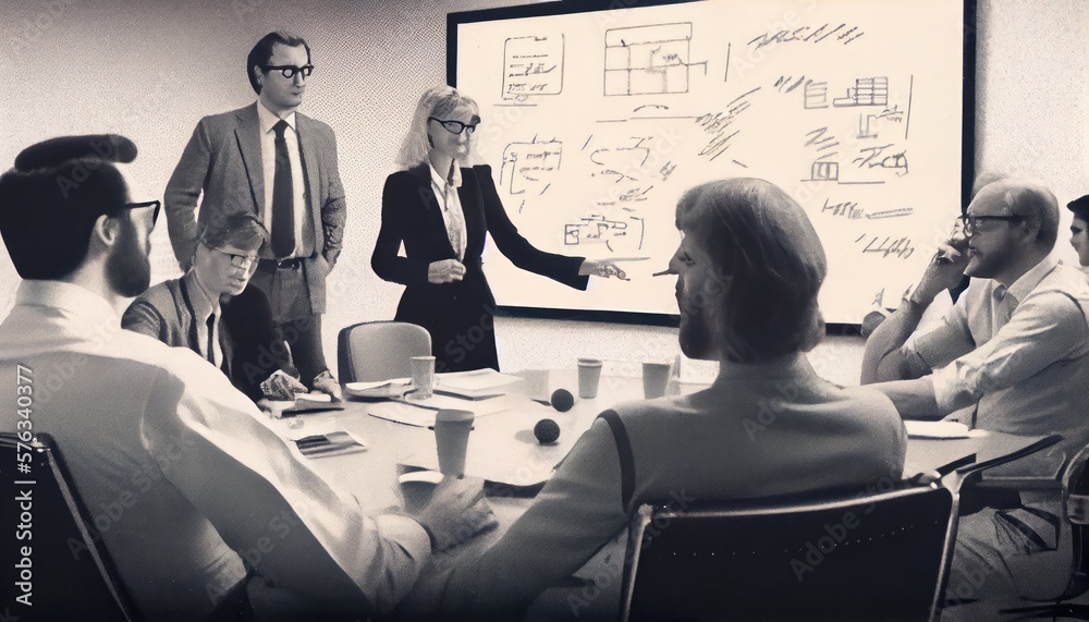 Presenting in office for a meeting in style of 1980s vintage created ...