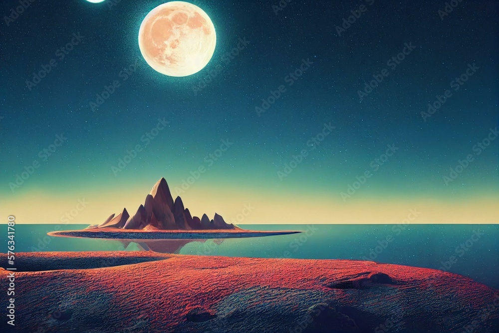 Paradise place in the universe. Bright big moon over mysterious island ...