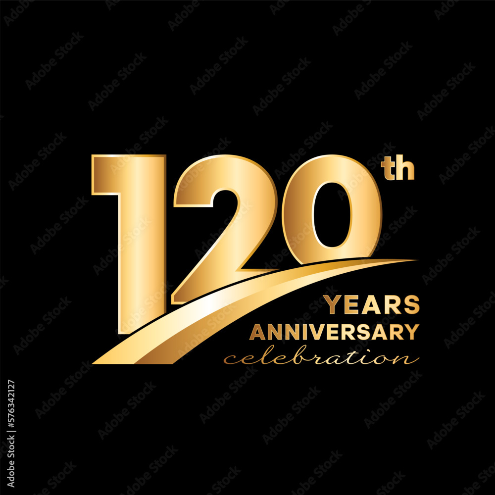 120th Anniversary design with golden number and text isolated on black ...