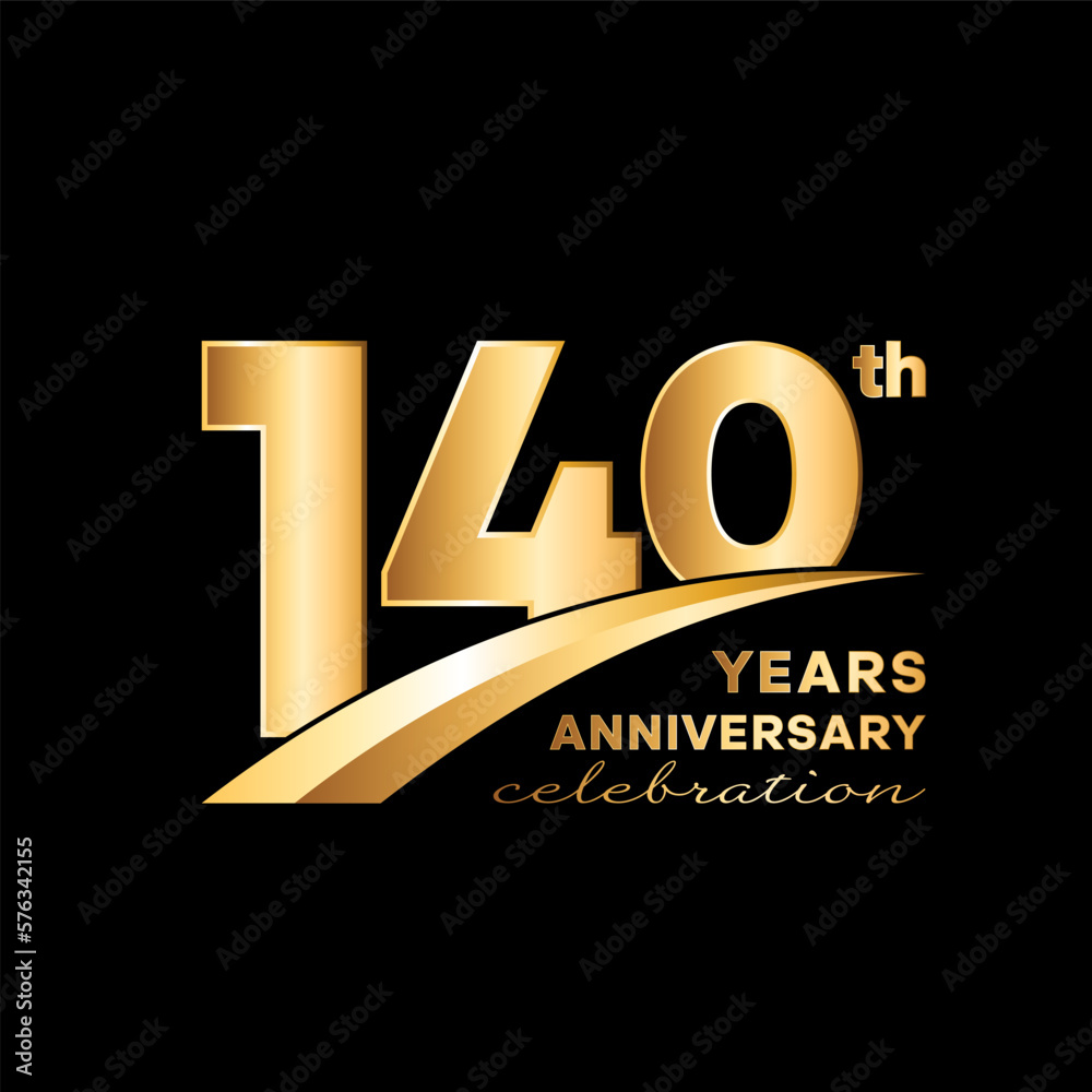 140th Anniversary design with golden number and text isolated on black ...