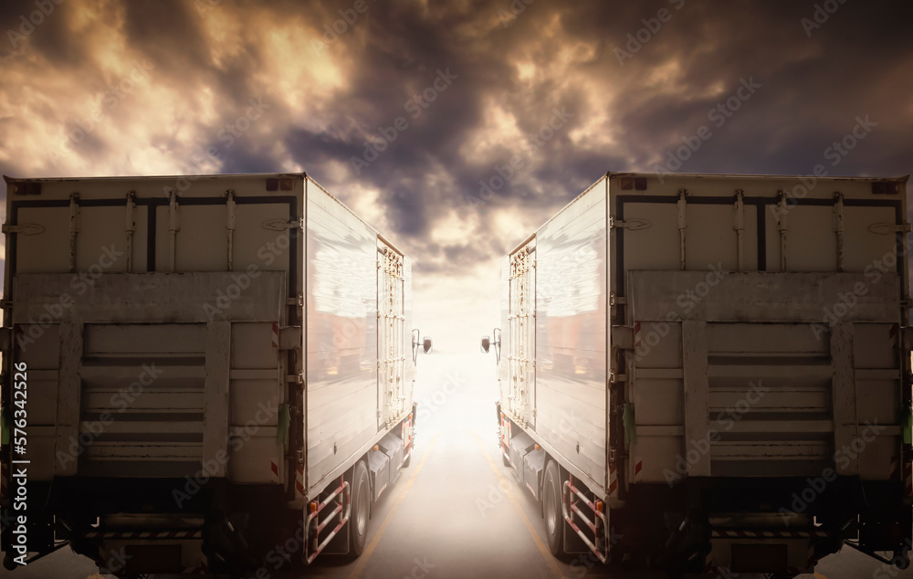 Cargo Container Trucks Parked with Sunset Sky. Lifting Ramp Trucks ...
