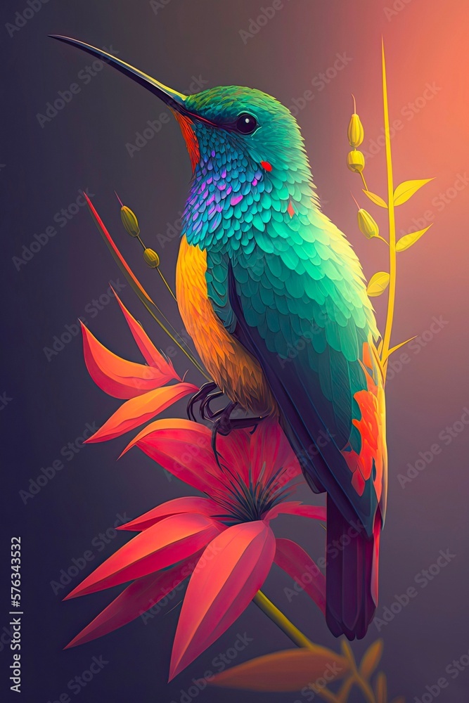 Bright illustration of a beautiful rainbow hummingbird among leaves ...
