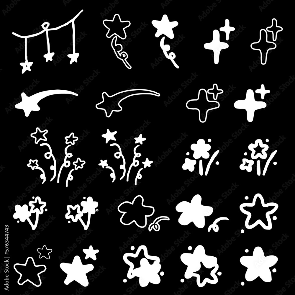 Collection of sixteen handdrawn pen and ink stars in various shapes and ...