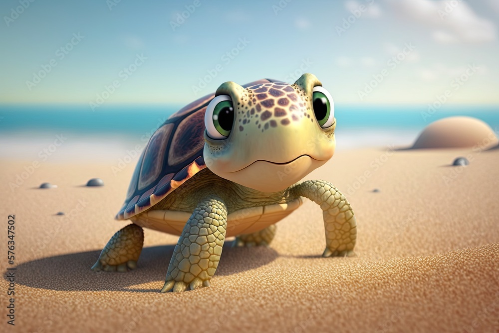 Cute Cartoon Turtle on a Beach (Generated with AI) Stock Illustration ...