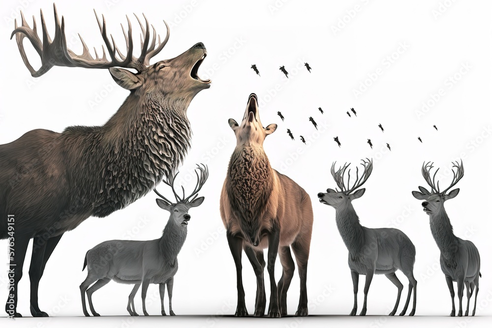 scared deer with fear looks at howling wolves isolated on white ...