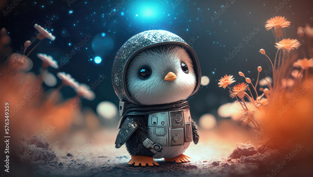A cute baby penguin astronaut in space with floral and space background ...