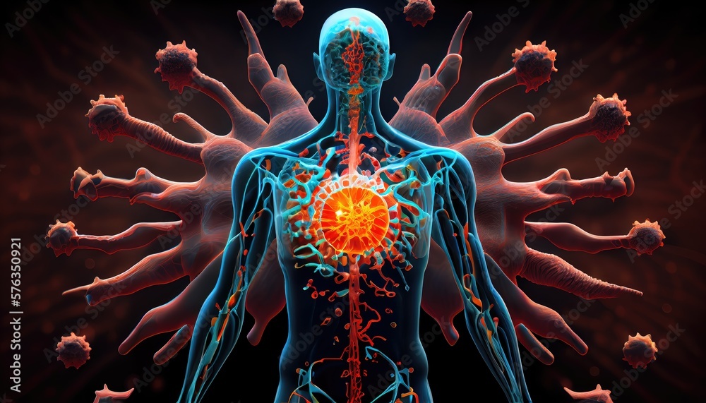 Human body fighting with viruses, heart pump glowing in red, created ...