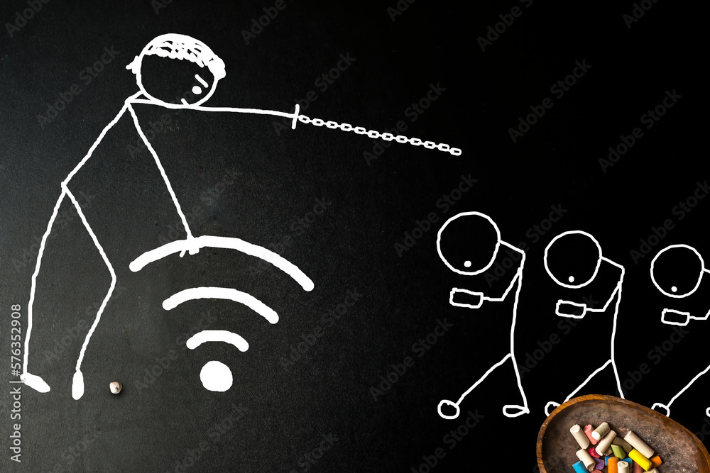 Internet addiction epidemic concept, stickman handmade drawing. Stock ...