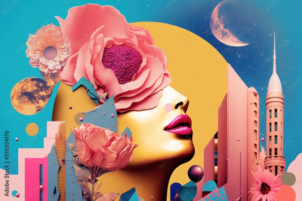 Creative retro but contemporary pop art collage concept of woman ...