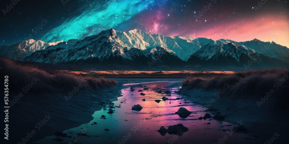 Colorful vivid background. High strong mountains in night, dark sky ...