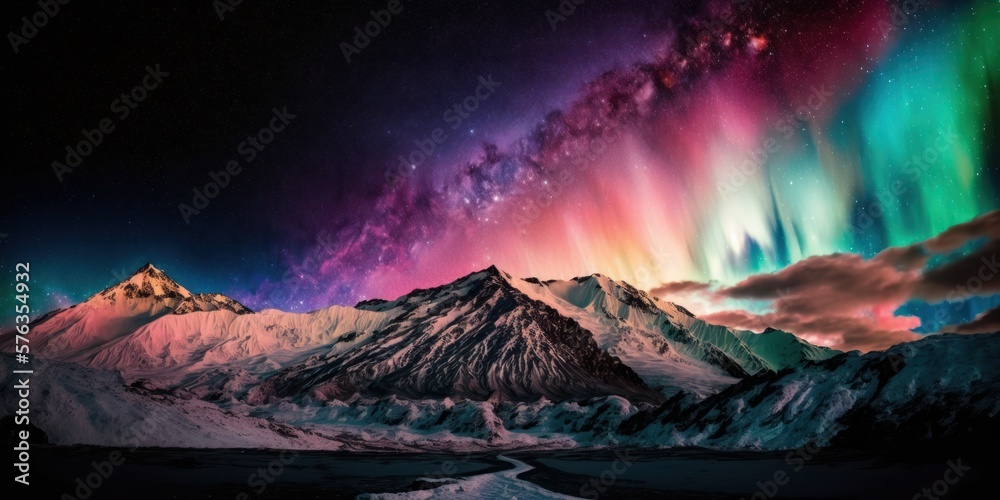 Colorful vivid background. High strong mountains in night, dark sky ...