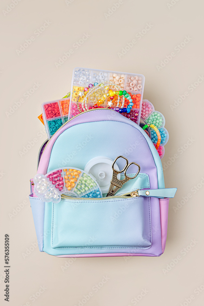 Fashion backpack with beads and boxes for children's needlework and ...