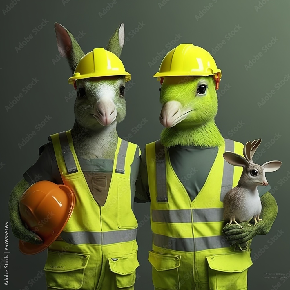 the animals are building in work clothes, they look like people, safety ...