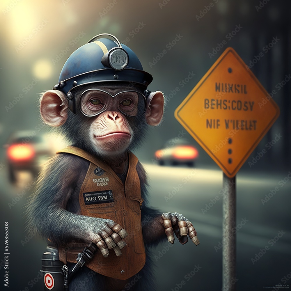 traffic control monkey policeman in a protective helmet safety in big city street town traffic ...
