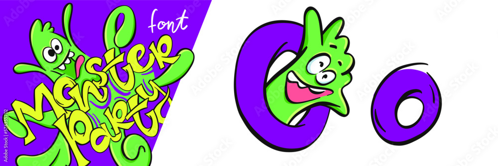 Letter O from the Monster party alphabet font. Large and small cartoon ...