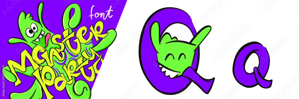 Letter Q from the Monster party alphabet font. Large and small cartoon ...