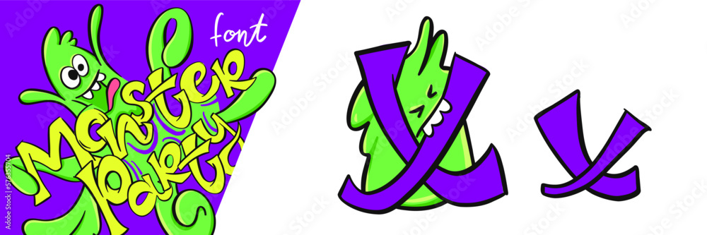 Letter X from the Monster party alphabet font. Large and small cartoon ...