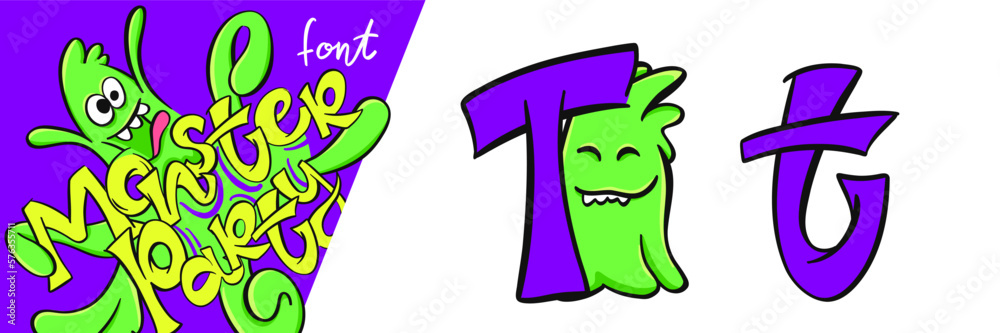 Letter T from the Monster party alphabet font. Large and small cartoon ...