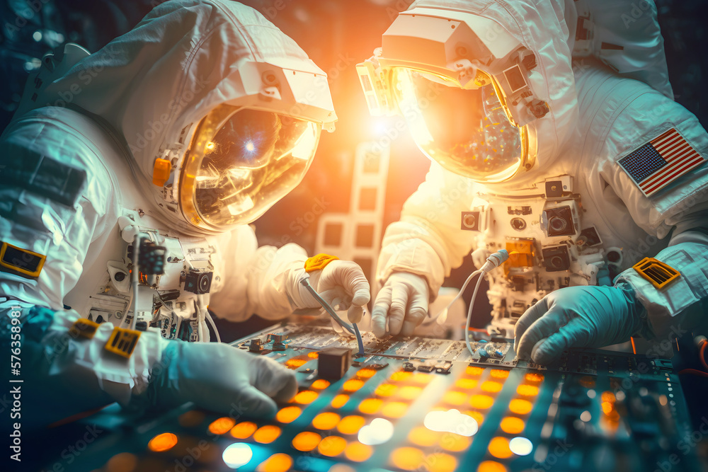 Astronauts work in open space on the outer body of the space orbital ...