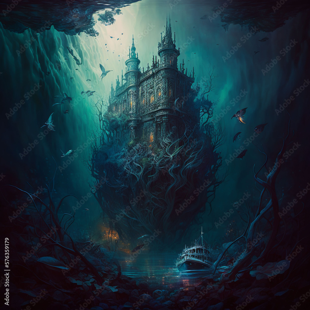 Old Gothic Castle Under The Sea - AI Generated Stock Illustration ...