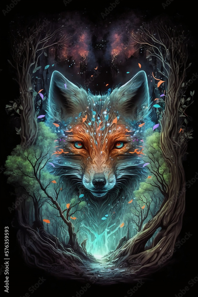 ancient magical molten fox spirit in a mystical arcane forest, cute and ...