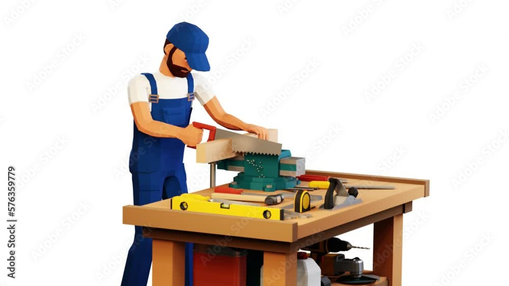 3d carpenter saws board with hand saw. Workman at work. Looped ...