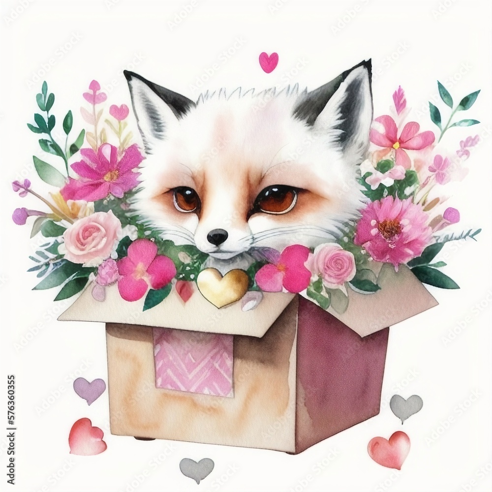 picture of an cute little fox in a box with flowers and hearts, a ...