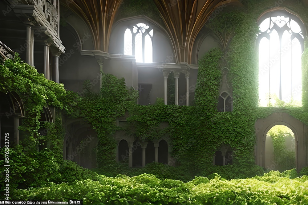 Abandoned palace castle overgrown with vegetation, ivy and vines. Empty ...