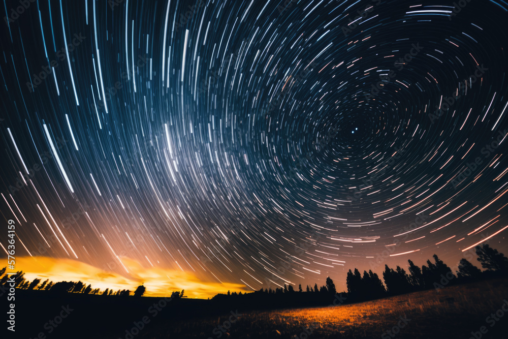 Celestial Trails. The night sky with star trails captured using a wide angle. Astronomy and ...