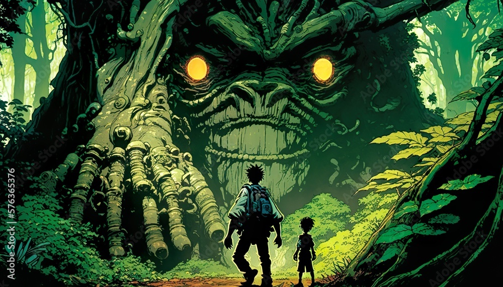 a horror city in the forest with enchanted illuminating plants, massive ...