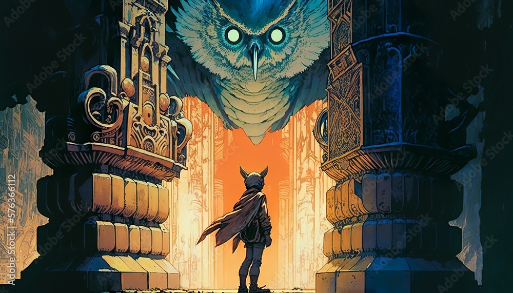 a horror owl in the with enchanted illuminating coated in moss, and ...