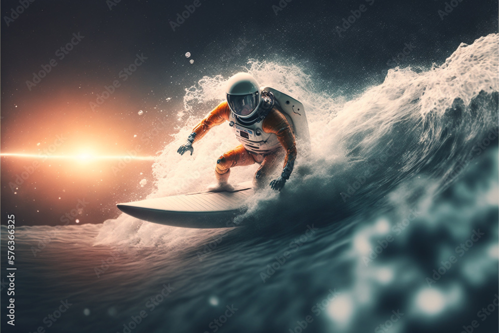 Astronaut Surfer on big ocean wave. Caught a large wave. Extreme sport ...