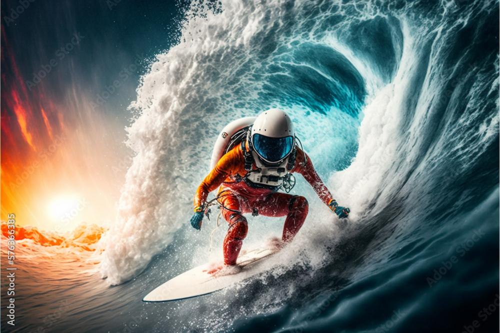 Astronaut Surfer on big ocean wave. Caught a large wave. Extreme sport ...