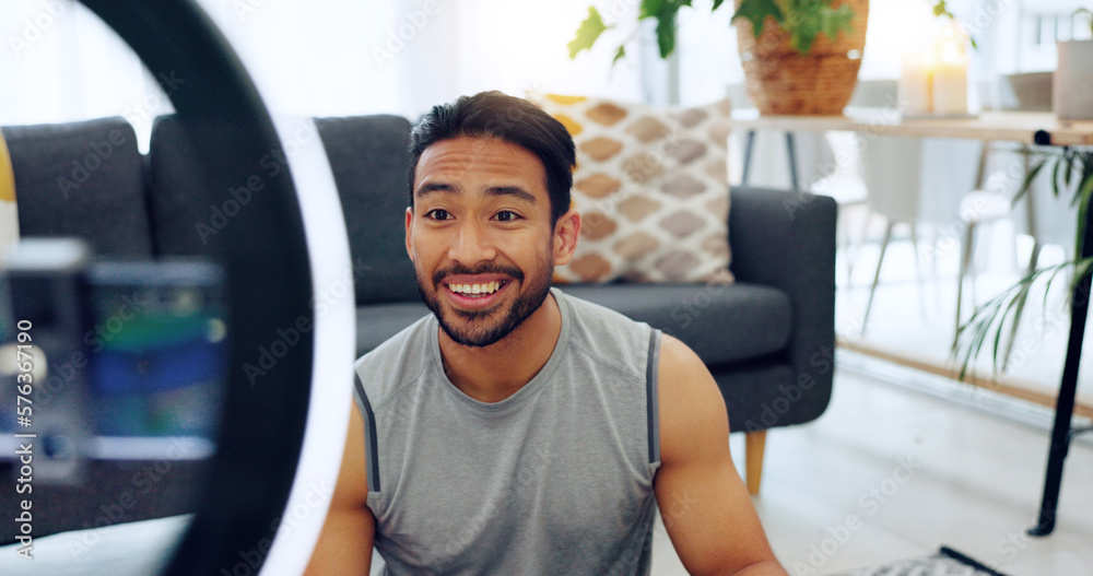 Influencer, fitness and training with a sports man live streaming or ...