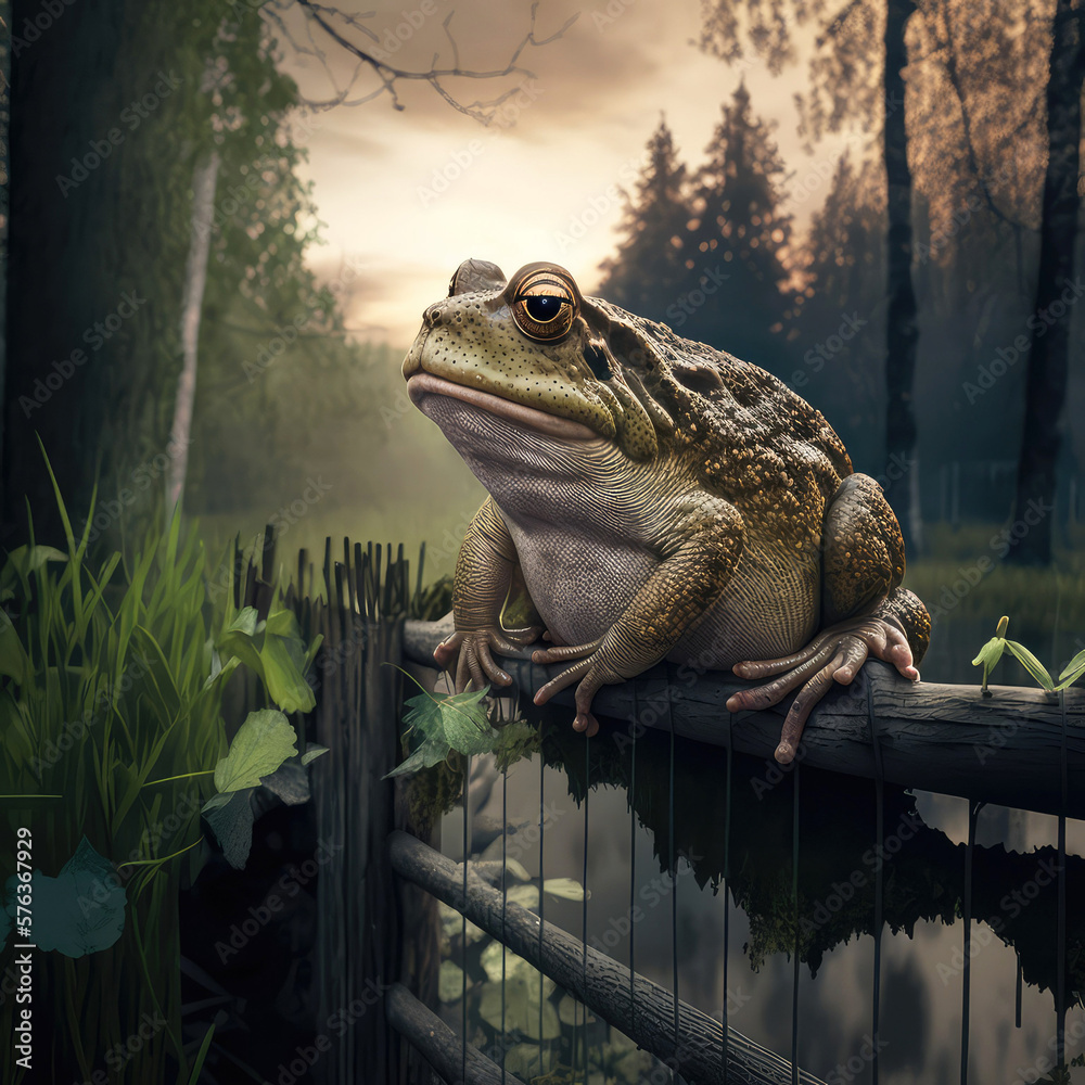 Fat old frog illustration sitting on a fence by the lake, 3d render ...