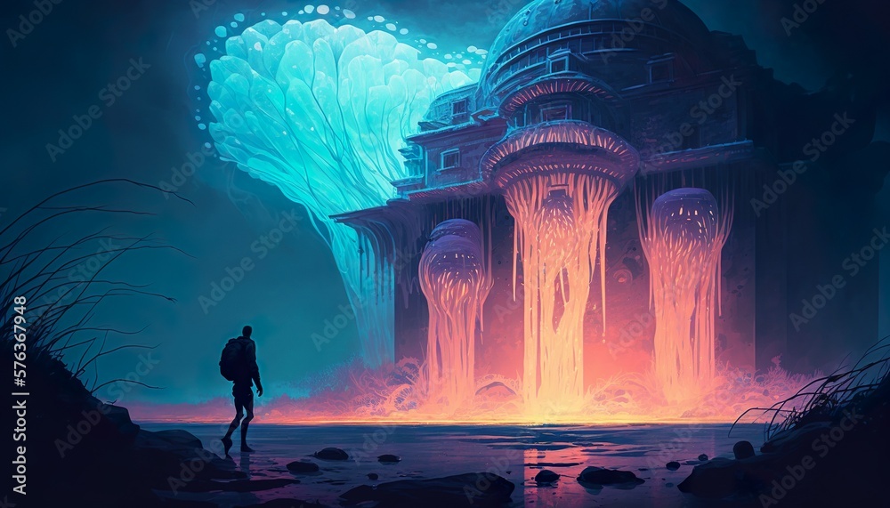 a horror city in the forest with enchanted illuminating plants, massive ...