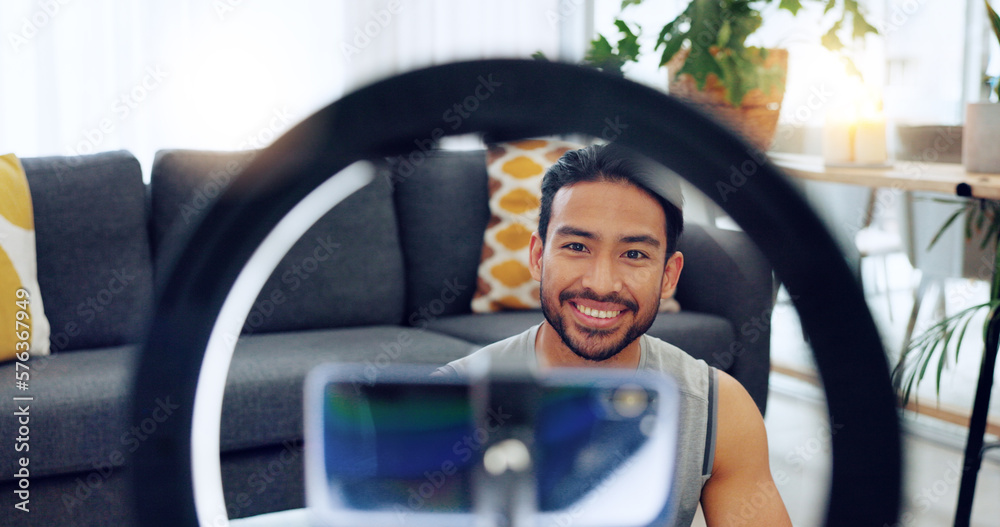 Influencer, fitness and training with a sports man live streaming or ...