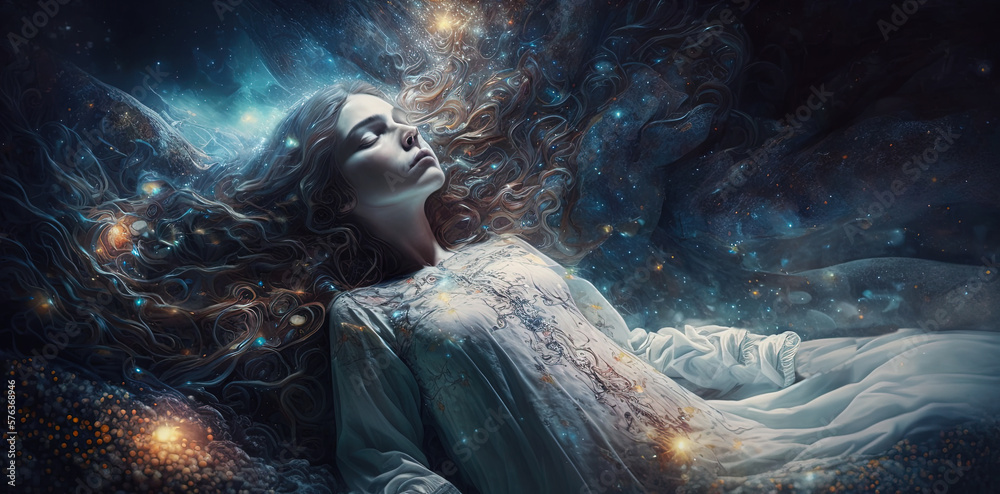Lucid dreaming meditation woman floating in space galaxies stars ...