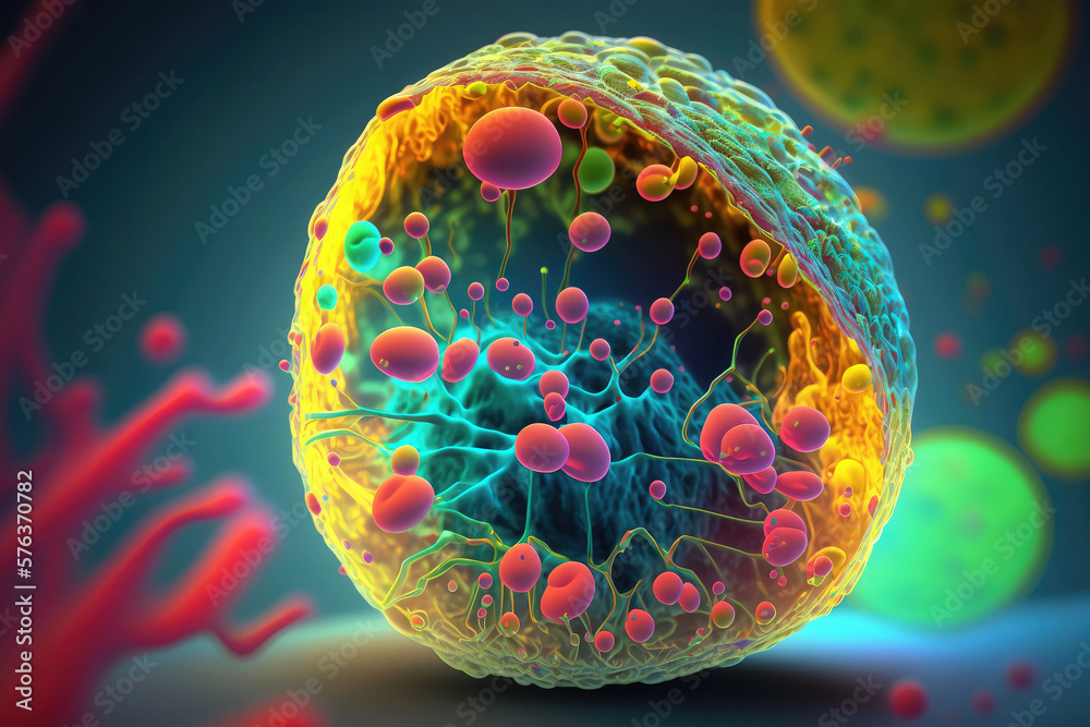 Colorful render of human cell, illustration, human cell in neon colors ...