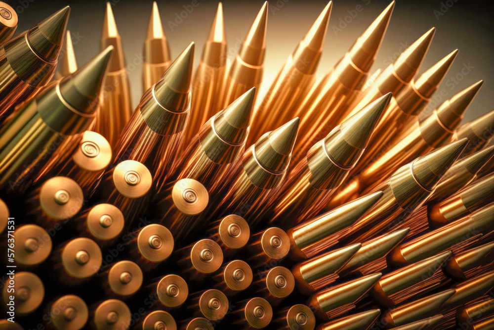 Pile of machinegun bullets as background. Weapon and army industry ...