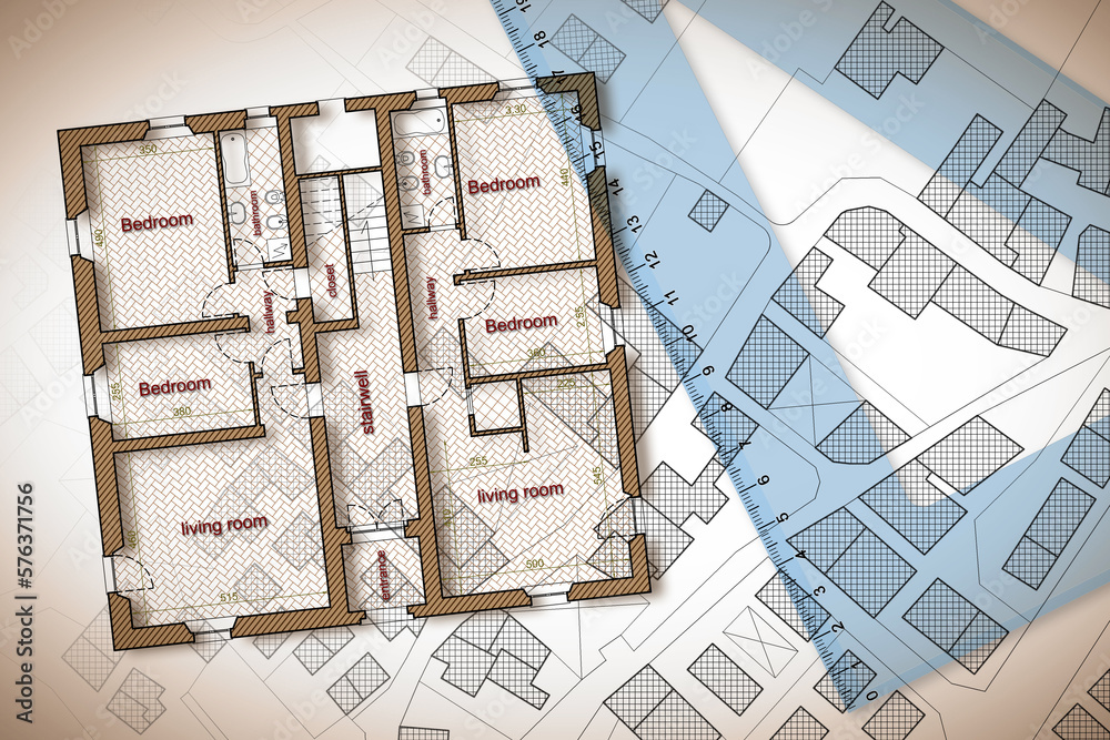 Residential building plan over an imaginary cadastral map of territory ...