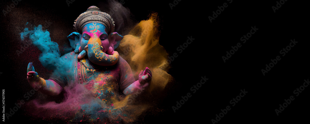 Ganesha in Holi colourful dust splash on black background banner ...