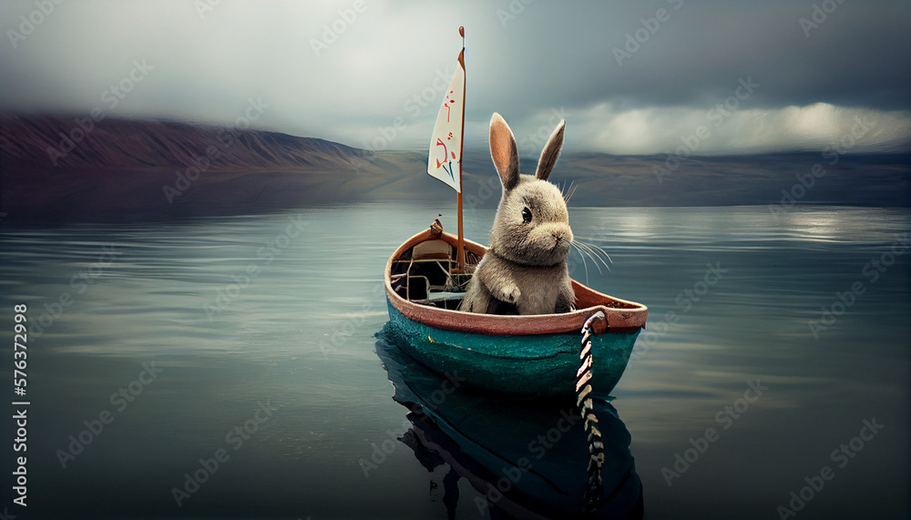 An Easter bunny sailing a boat on a calm lake generative AI Stock ...