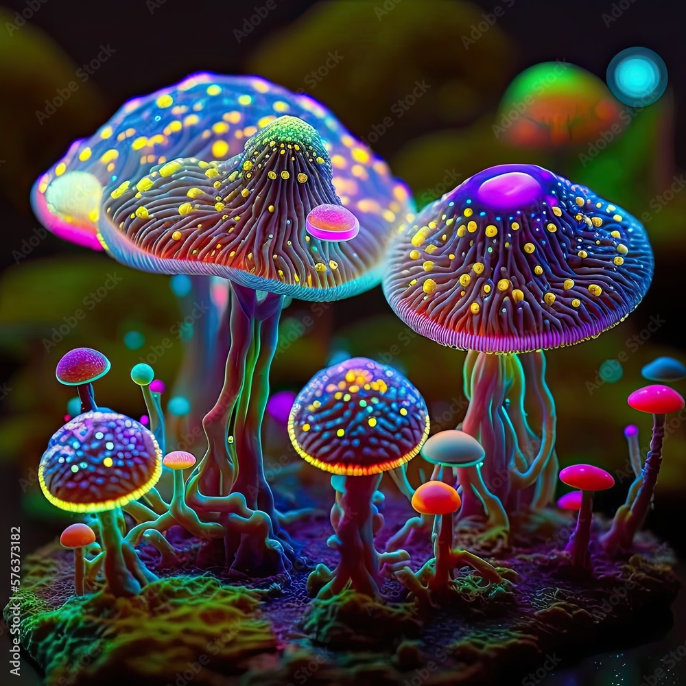 Fantasy alien bioluminescent mushrooms glowing in the dark. AI ...
