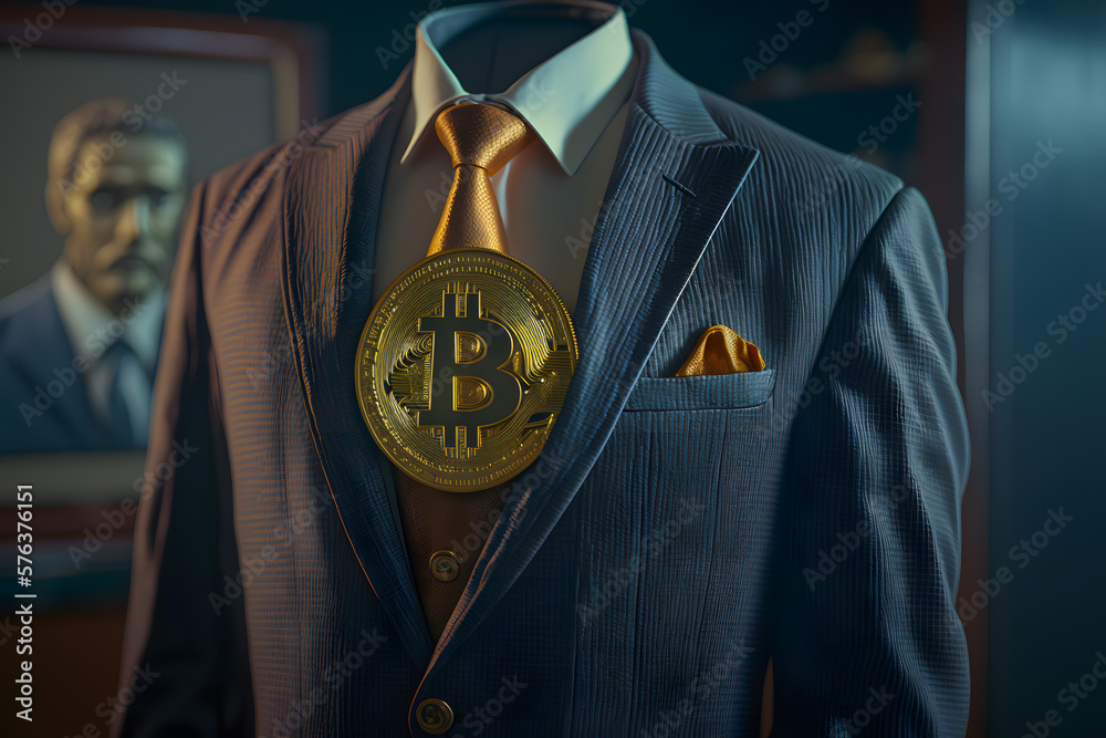 Man in business suit and bitcoin on his chest. Rates, stock quotes ...